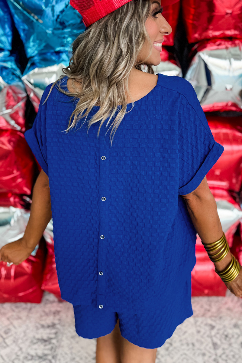 Sky Blue Sequined USA Bowknot Buttoned Back Textured Short Set - Sunny Angela