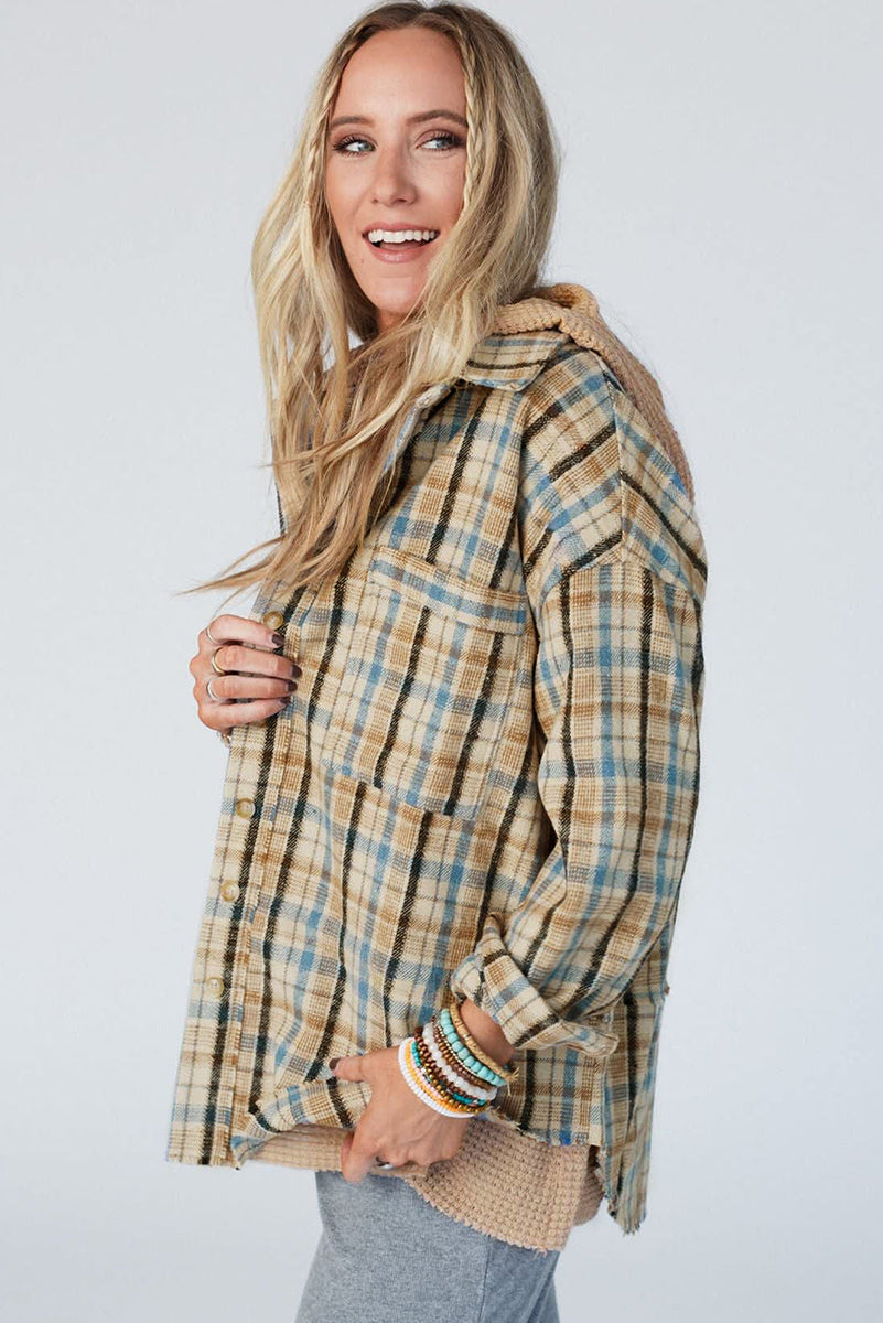 Ashleigh Blue Waffle Knit Patchwork Hooded Plaid Shacket - Sunny Angela