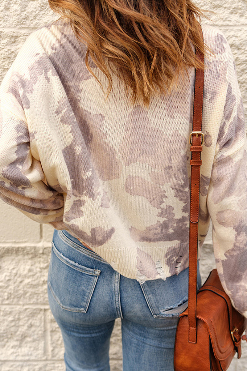 Beige Stain Washed Tie Dye Sweater - Sunny Angela
