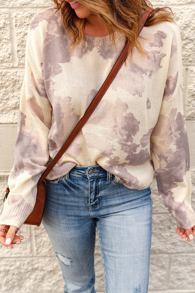 Beige Stain Washed Tie Dye Sweater - Sunny Angela