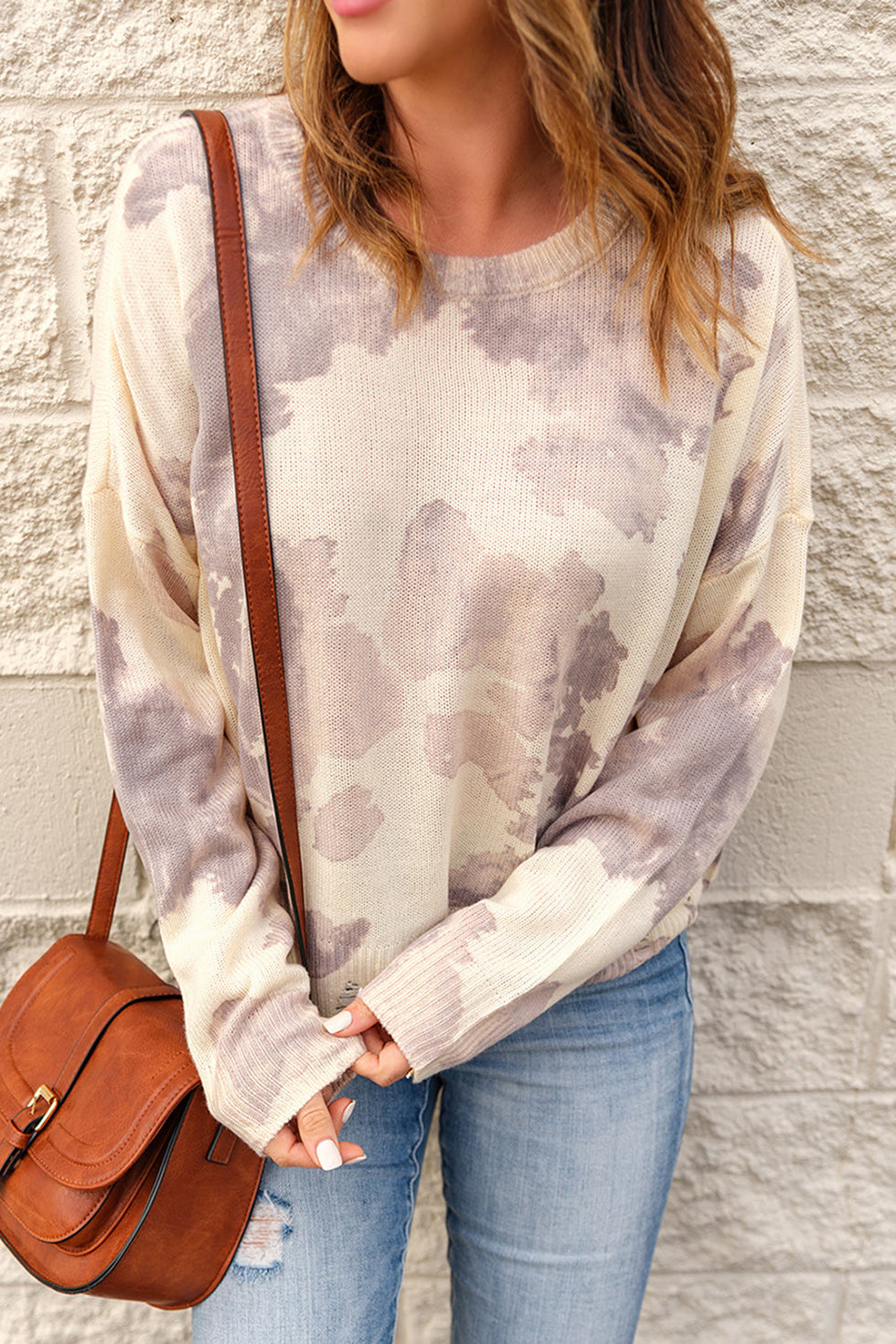 Beige Stain Washed Tie Dye Sweater - Sunny Angela