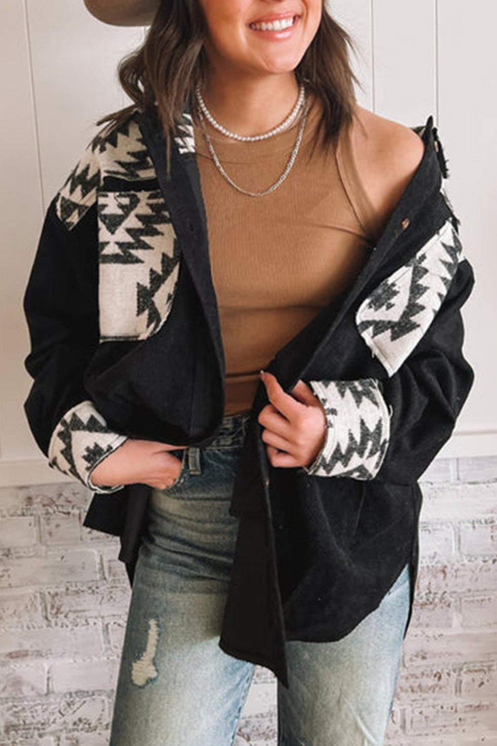 Black Aztec Patchwork Buttoned Corduroy Shacket - Sunny Angela