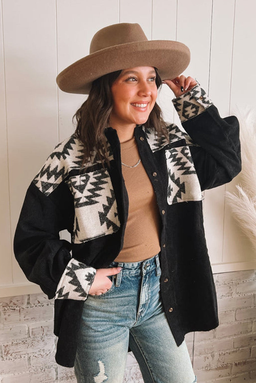 Black Aztec Patchwork Buttoned Corduroy Shacket - Sunny Angela