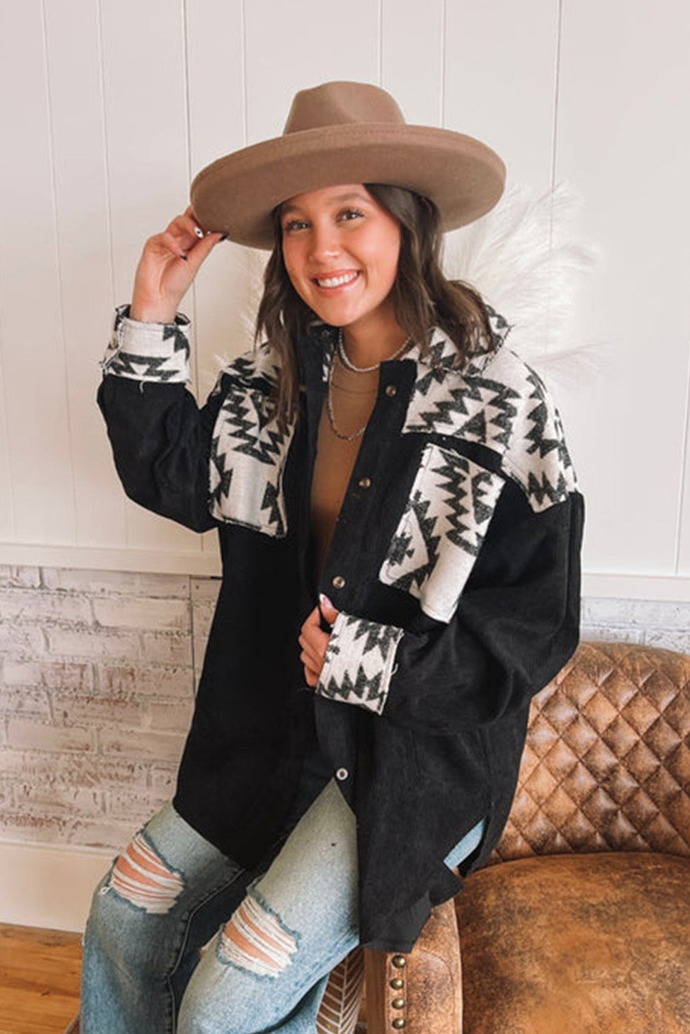 Black Aztec Patchwork Buttoned Corduroy Shacket - Sunny Angela