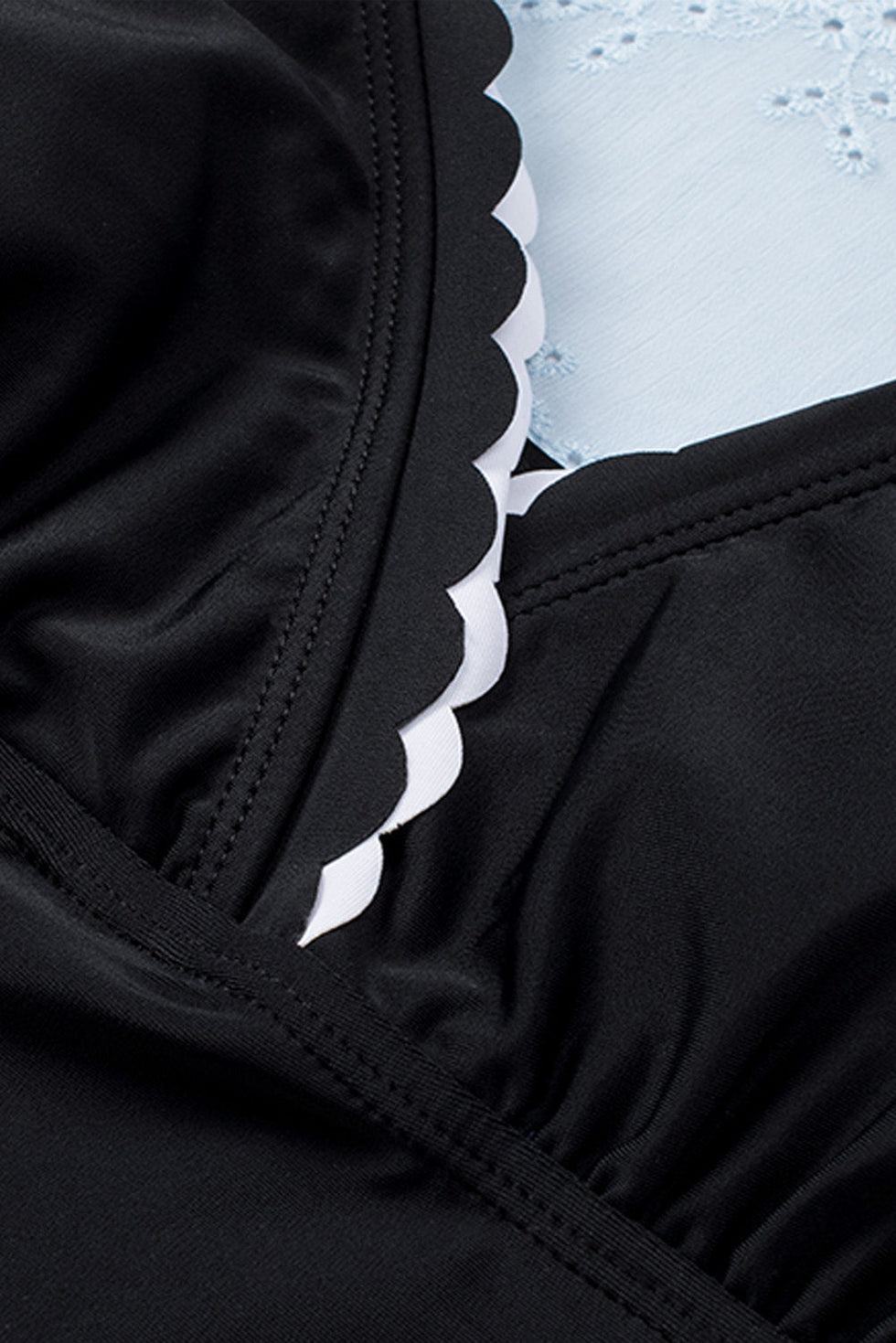 Black Color Block Scalloped V Neck Tankini Swimsuit - Sunny Angela