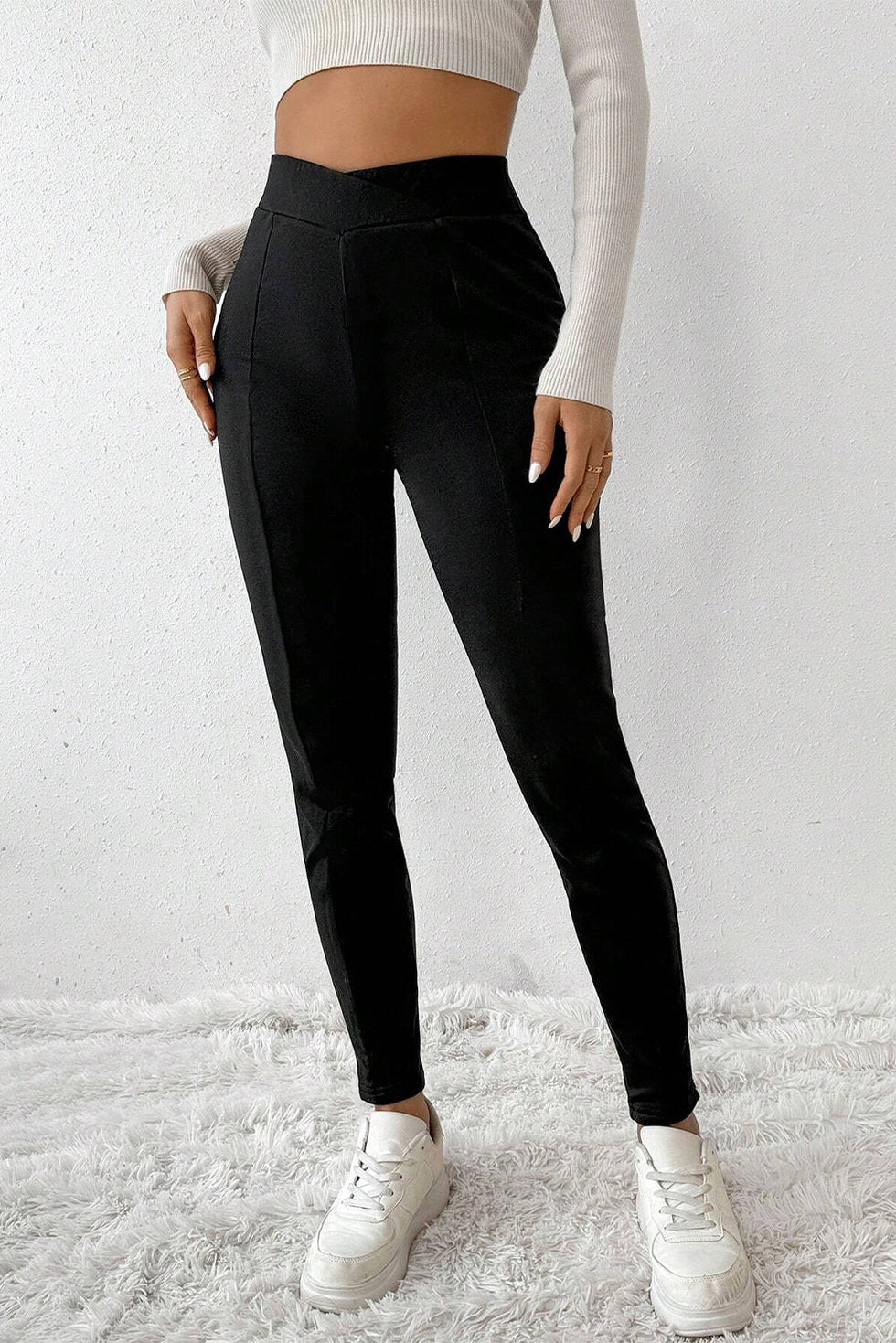 Black Crossed Waist Seamed Leg Thermal Leggings - Sunny Angela