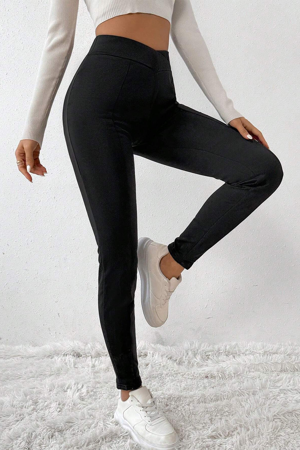 Black Crossed Waist Seamed Leg Thermal Leggings - Sunny Angela