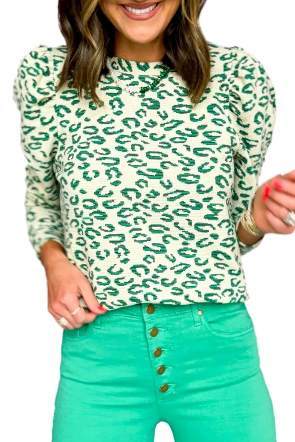 Blackish Green Leopard Print Mock Neck Puff Sleeve Top - Sunny Angela