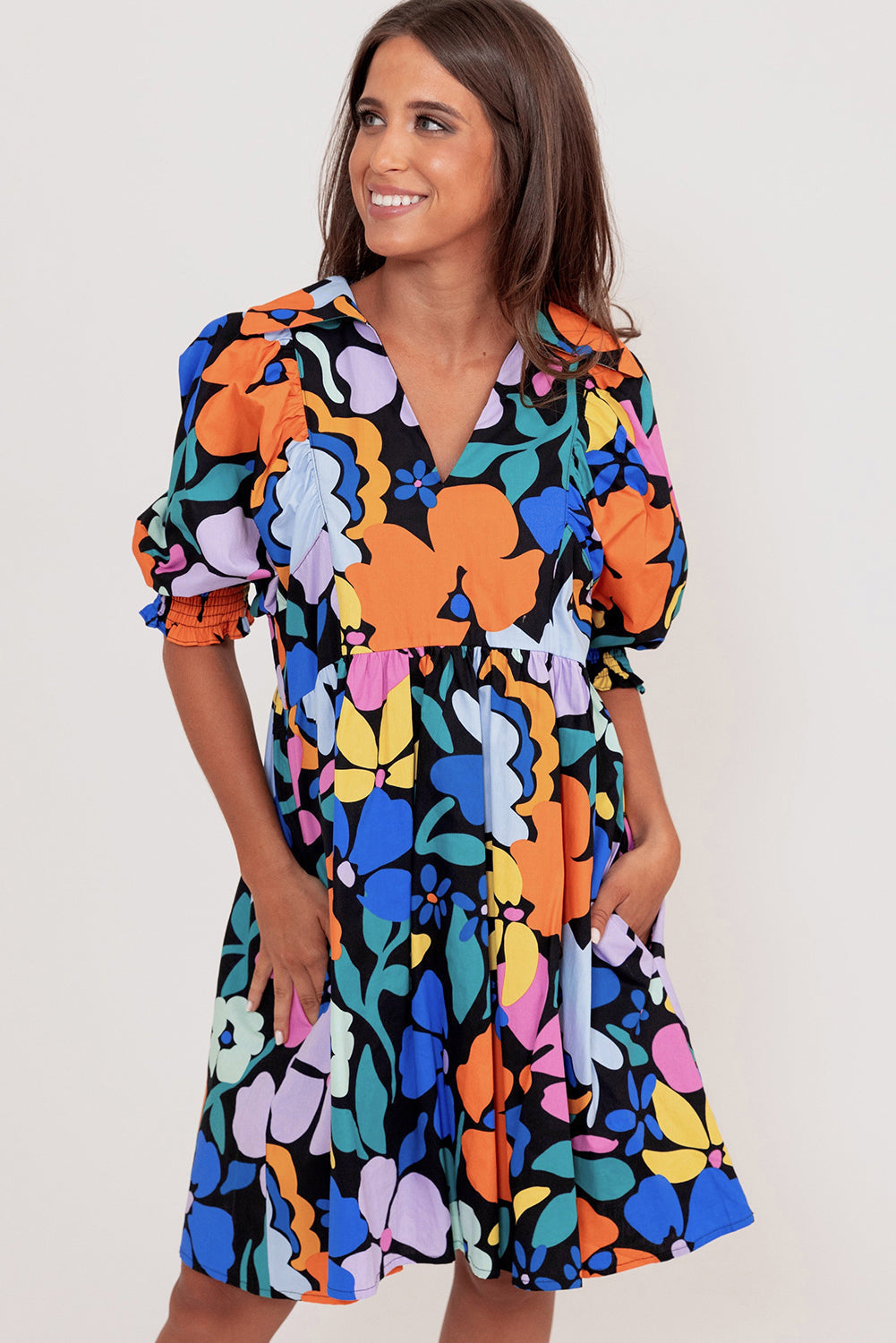 Blue Collared Split Neck Floral Flared Dress - Sunny Angela