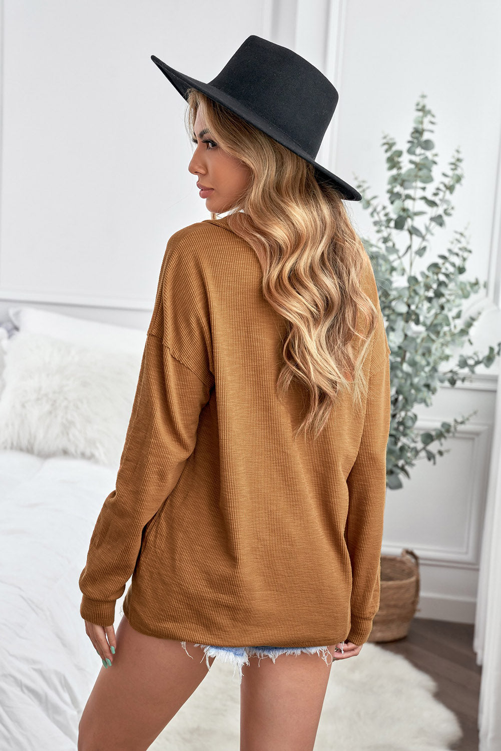 Button Front Turn-Down Neck Knit Top - Sunny Angela