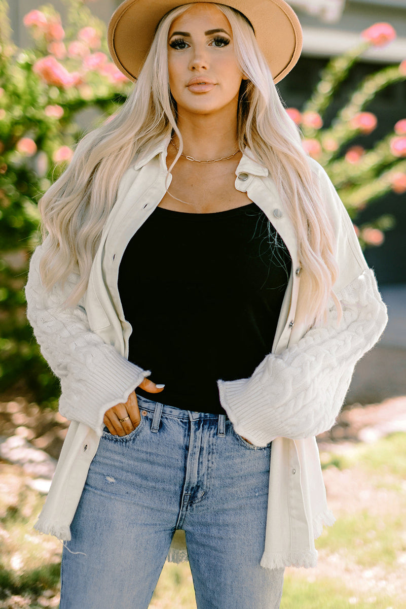 Cable Knit Sleeve Raw Hem Shacket - Sunny Angela