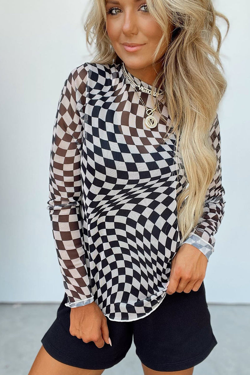 Checkered Pattern Mesh Mock Neck Long Sleeve Top - Sunny Angela