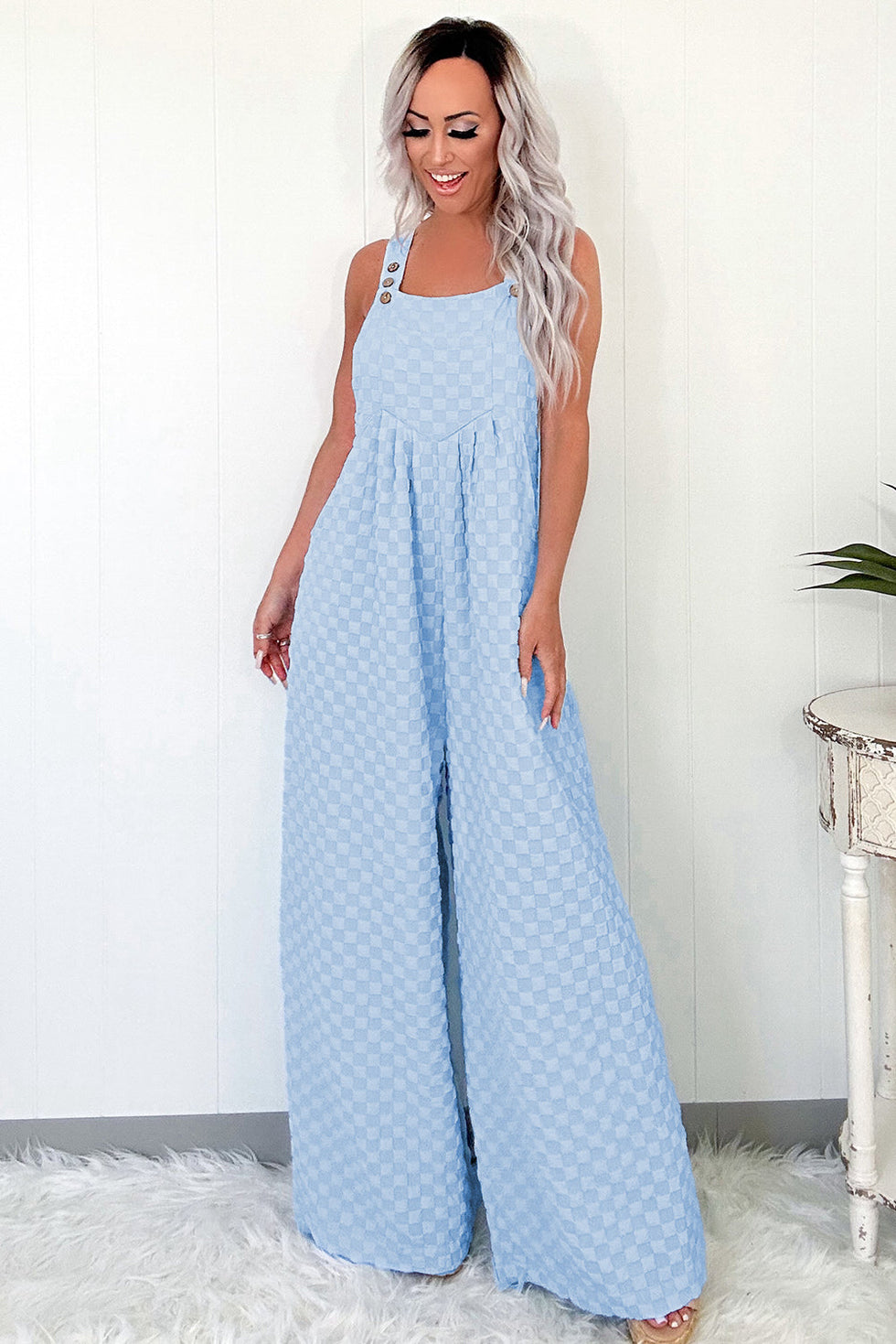 Checkered Pocketed High Waist Wide Leg Overall - Sunny Angela