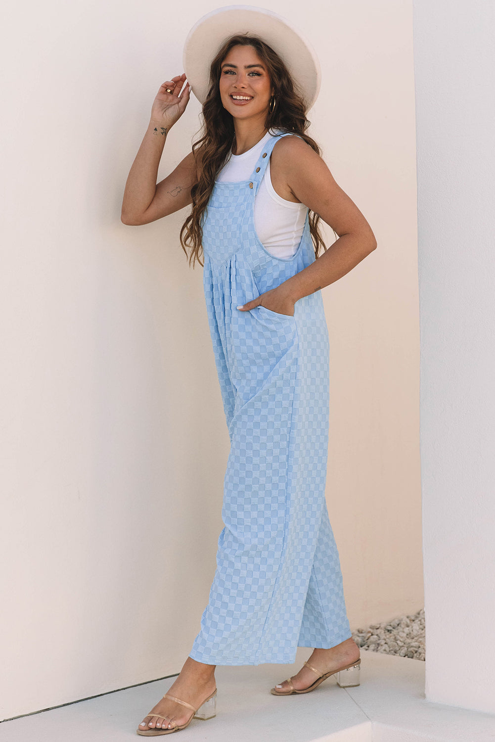 Checkered Pocketed High Waist Wide Leg Overall - Sunny Angela