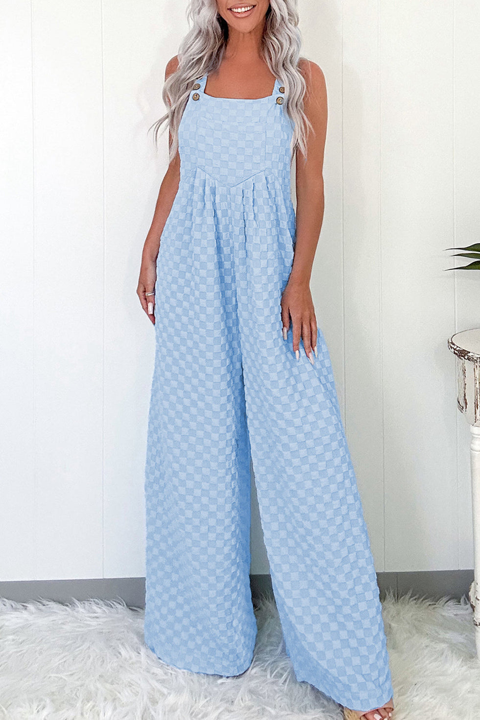 Checkered Pocketed High Waist Wide Leg Overall - Sunny Angela