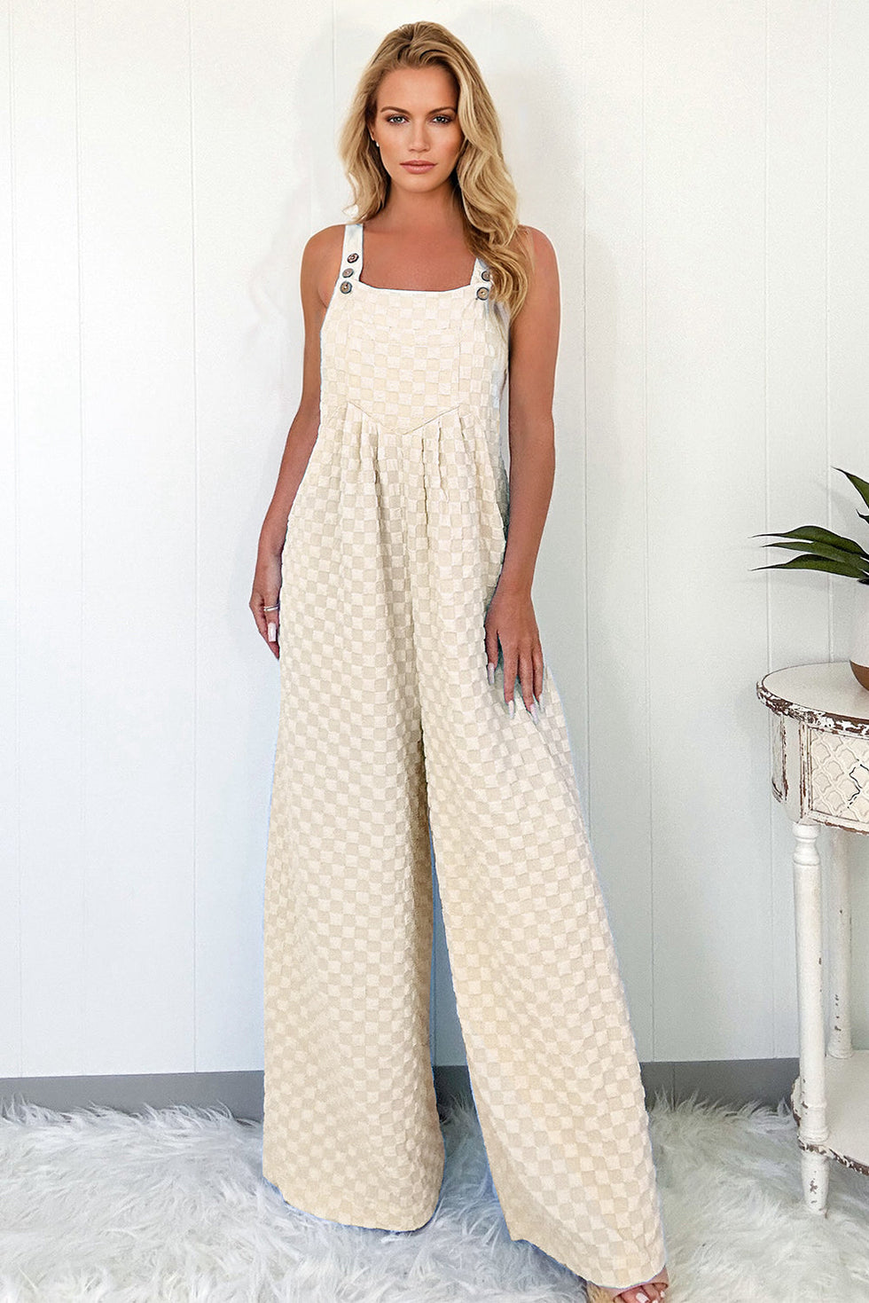 Checkered Pocketed High Waist Wide Leg Overall - Sunny Angela