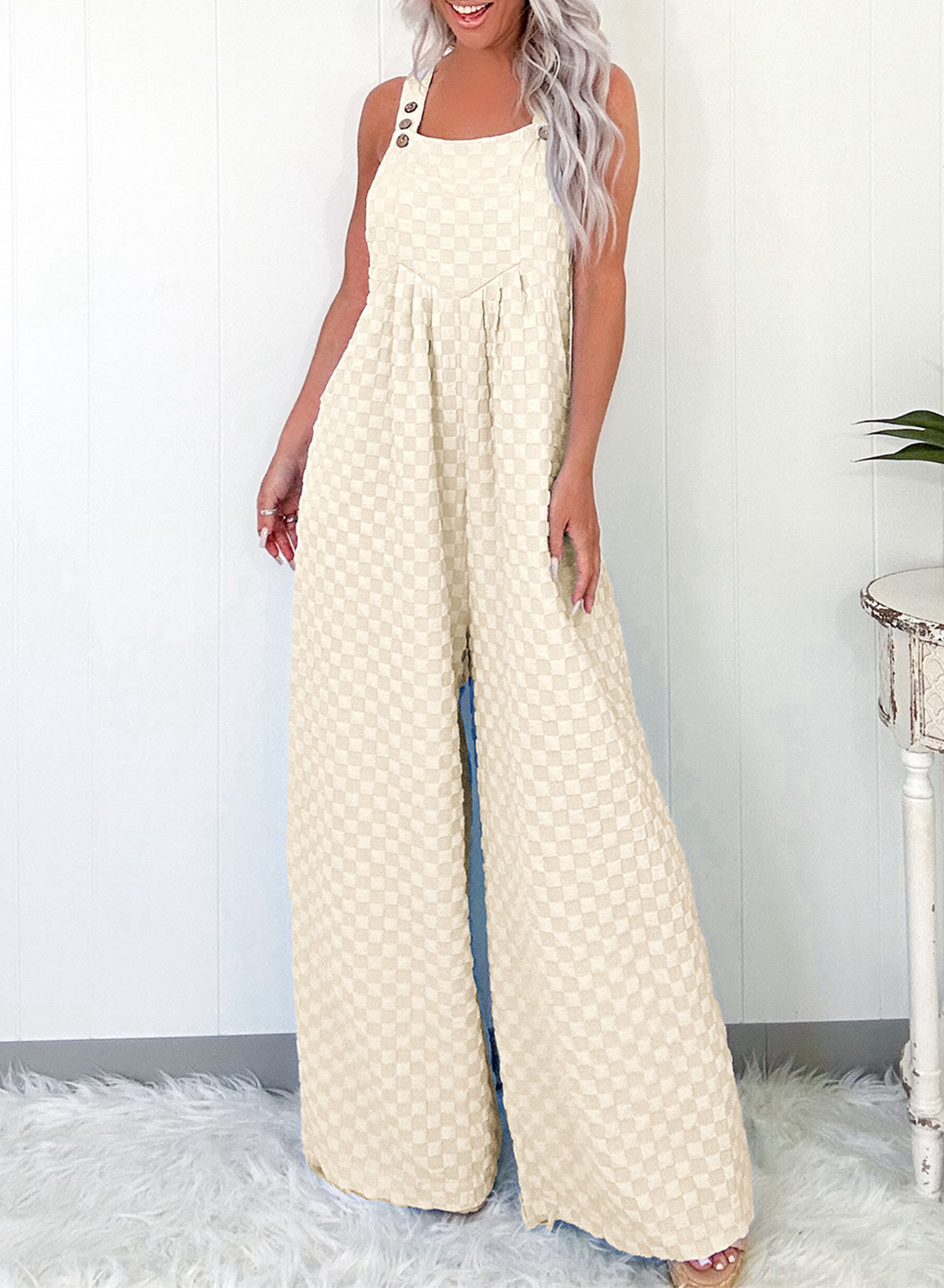 Checkered Pocketed High Waist Wide Leg Overall - Sunny Angela