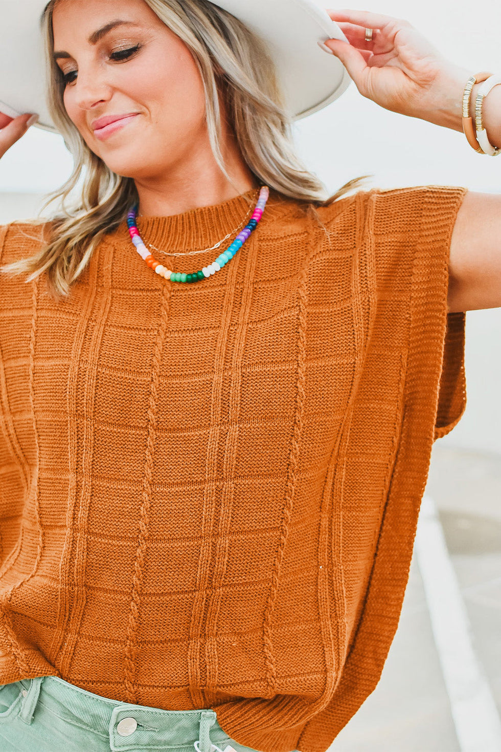 Chestnut Grid Textured Short Sleeve Sweater - Sunny Angela