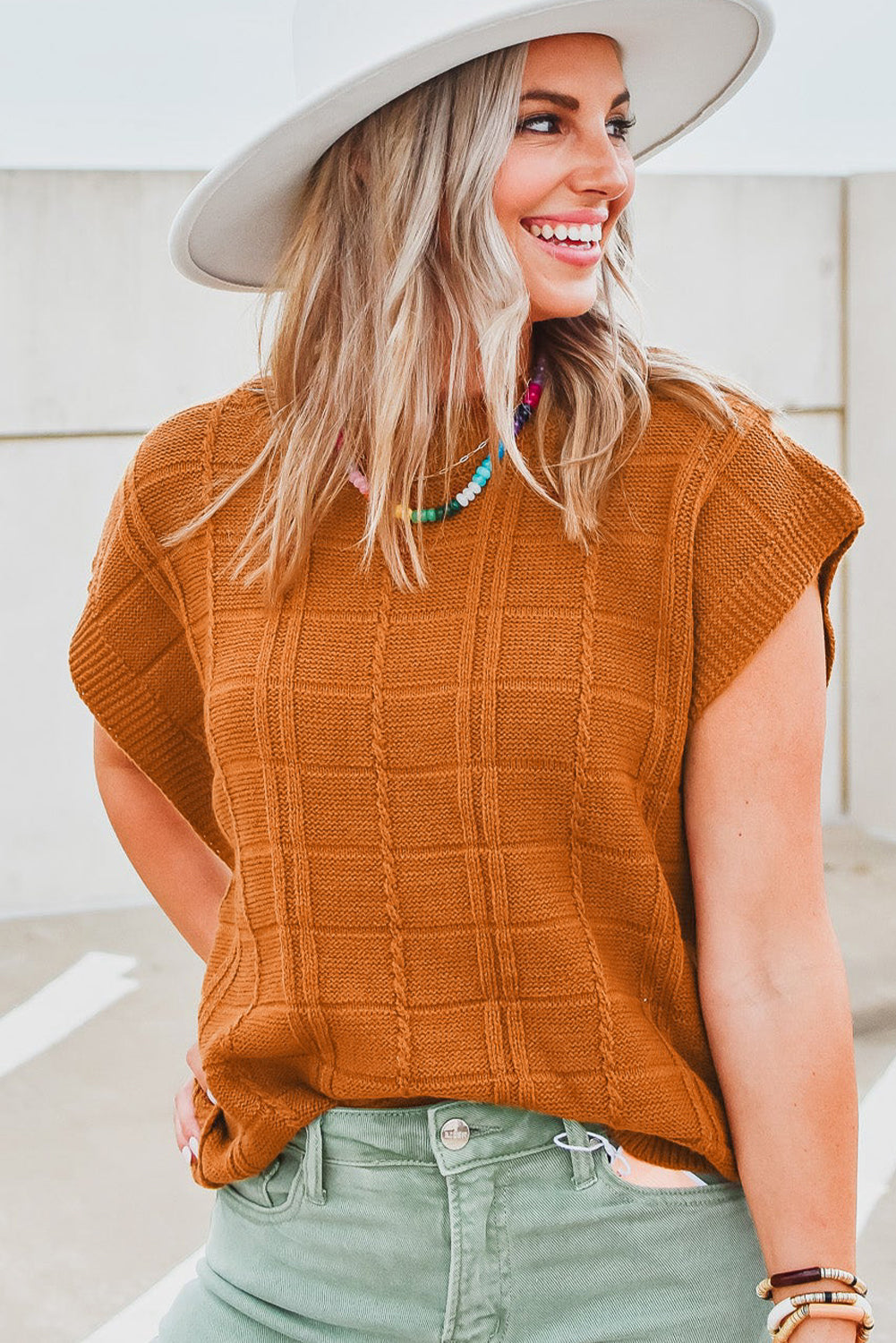 Chestnut Grid Textured Short Sleeve Sweater - Sunny Angela