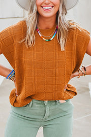 Chestnut Grid Textured Short Sleeve Sweater - Sunny Angela