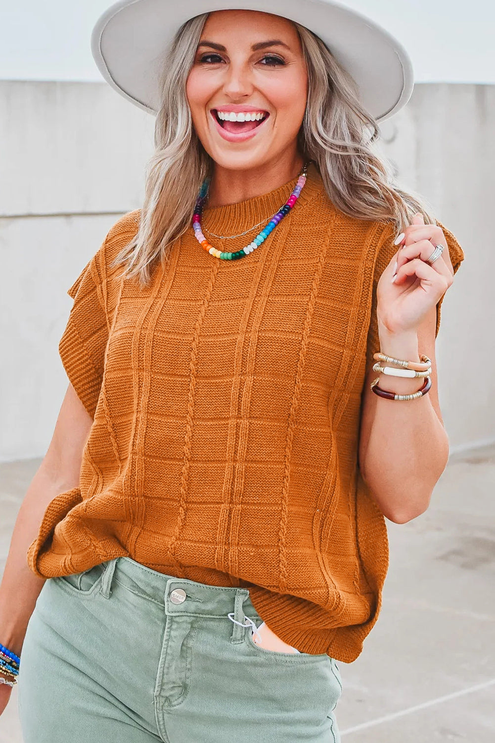 Chestnut Grid Textured Short Sleeve Sweater - Sunny Angela
