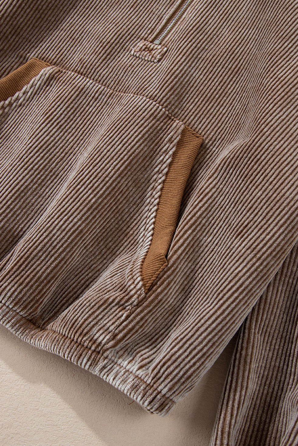 Chestnut Half Zipper Kangaroo Pocket Drawstring Corduroy Hoodie - Sunny ...