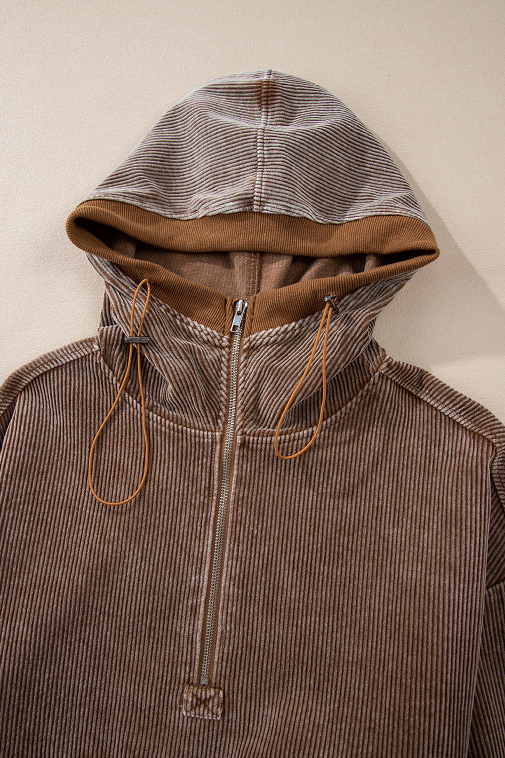 Chestnut Half Zipper Kangaroo Pocket Drawstring Corduroy Hoodie - Sunny ...