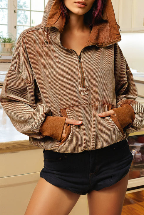 Chestnut Half Zipper Kangaroo Pocket Drawstring Corduroy Hoodie - Sunny ...