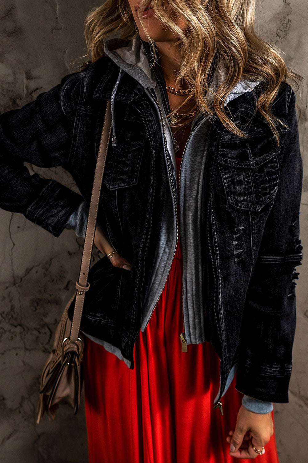 Fake Two-Piece Hooded Zip-Up Denim Jacket - Sunny Angela