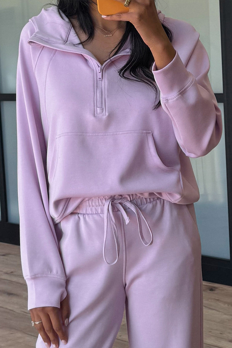 Half Zip Thumbhole Hoodie Wide Leg Pant Set - Sunny Angela