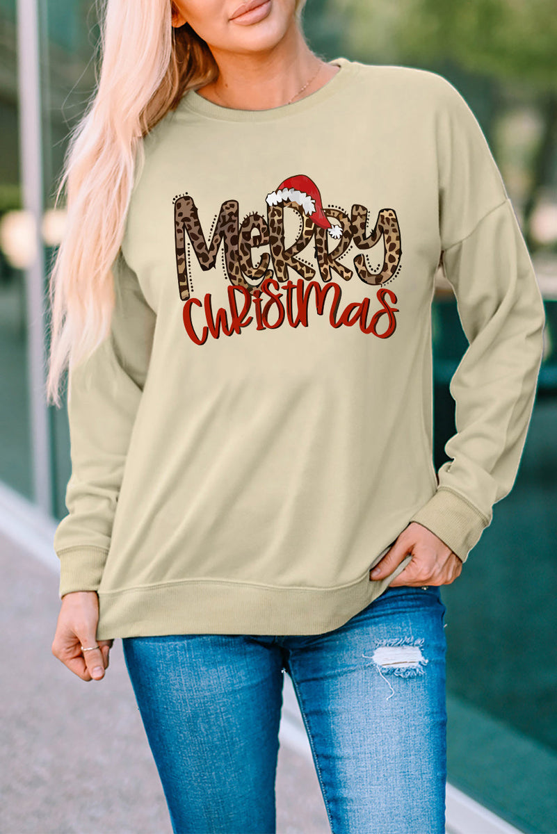 Khaki Merry Christmas Hat Leopard Print Graphic Sweatshirt - Sunny Angela
