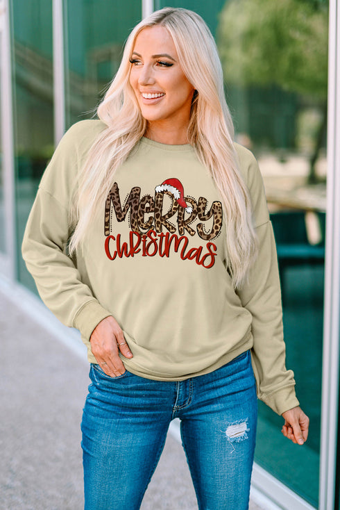 Khaki Merry Christmas Hat Leopard Print Graphic Sweatshirt - Sunny Angela