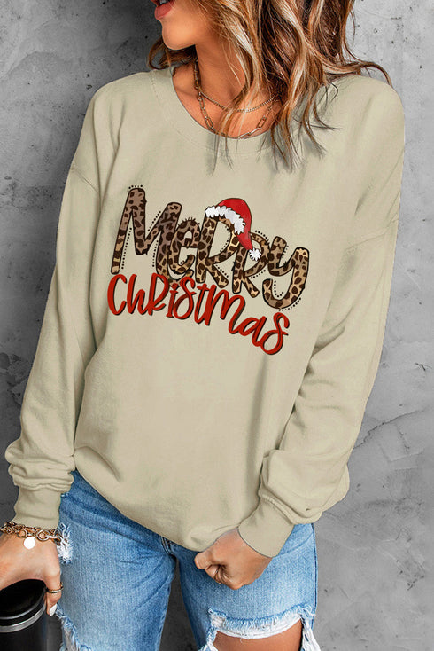 Khaki Merry Christmas Hat Leopard Print Graphic Sweatshirt - Sunny Angela