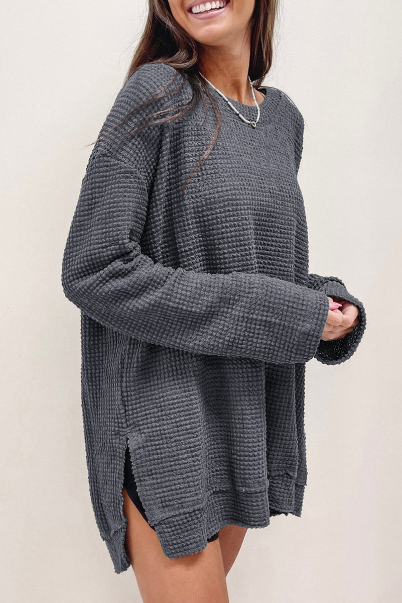 Long Sleeve Textured Waffle Knit Tunic Top - Sunny Angela