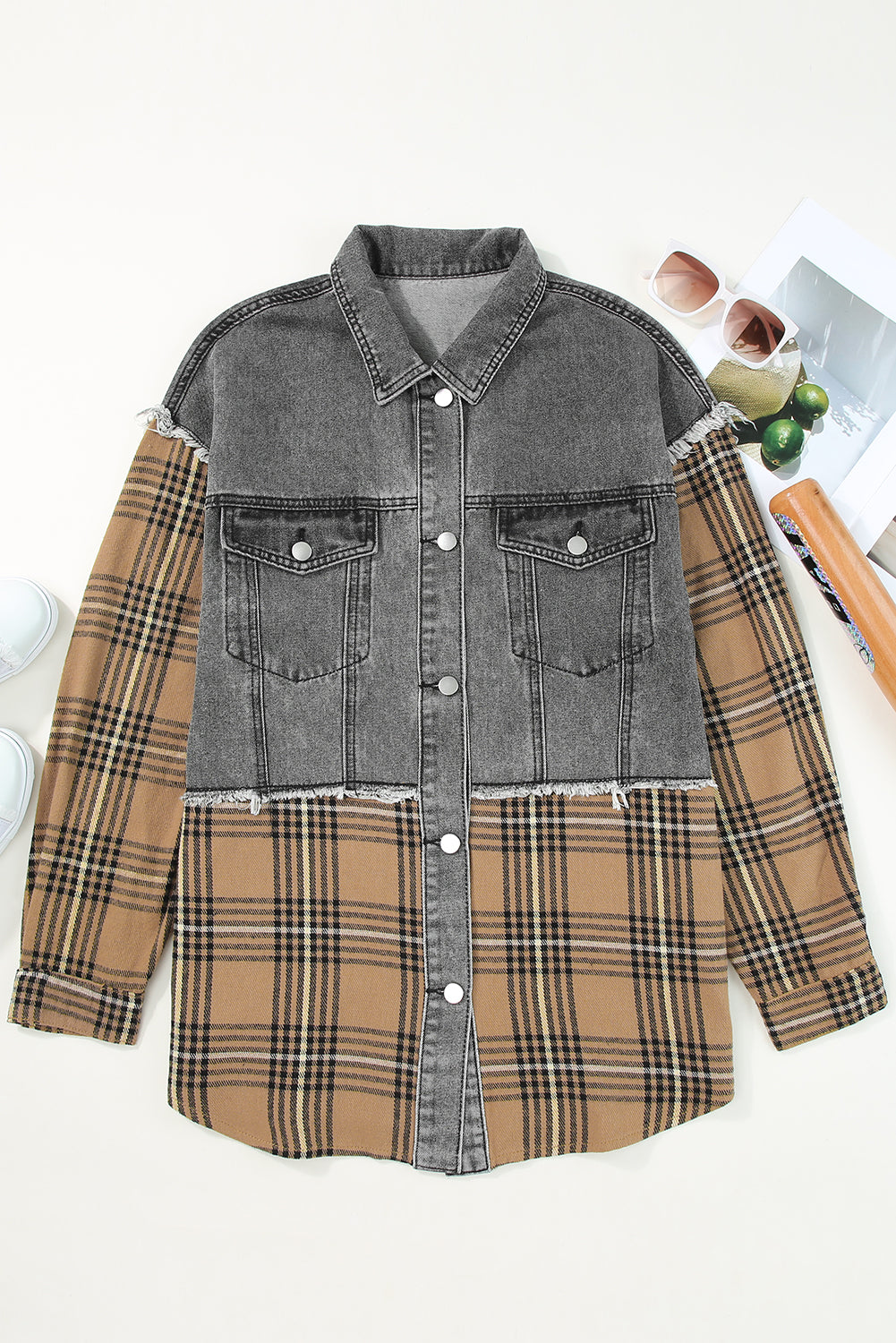 Medium Grey Plaid Patch Distressed Flap Pocket Denim Shacket - Sunny Angela