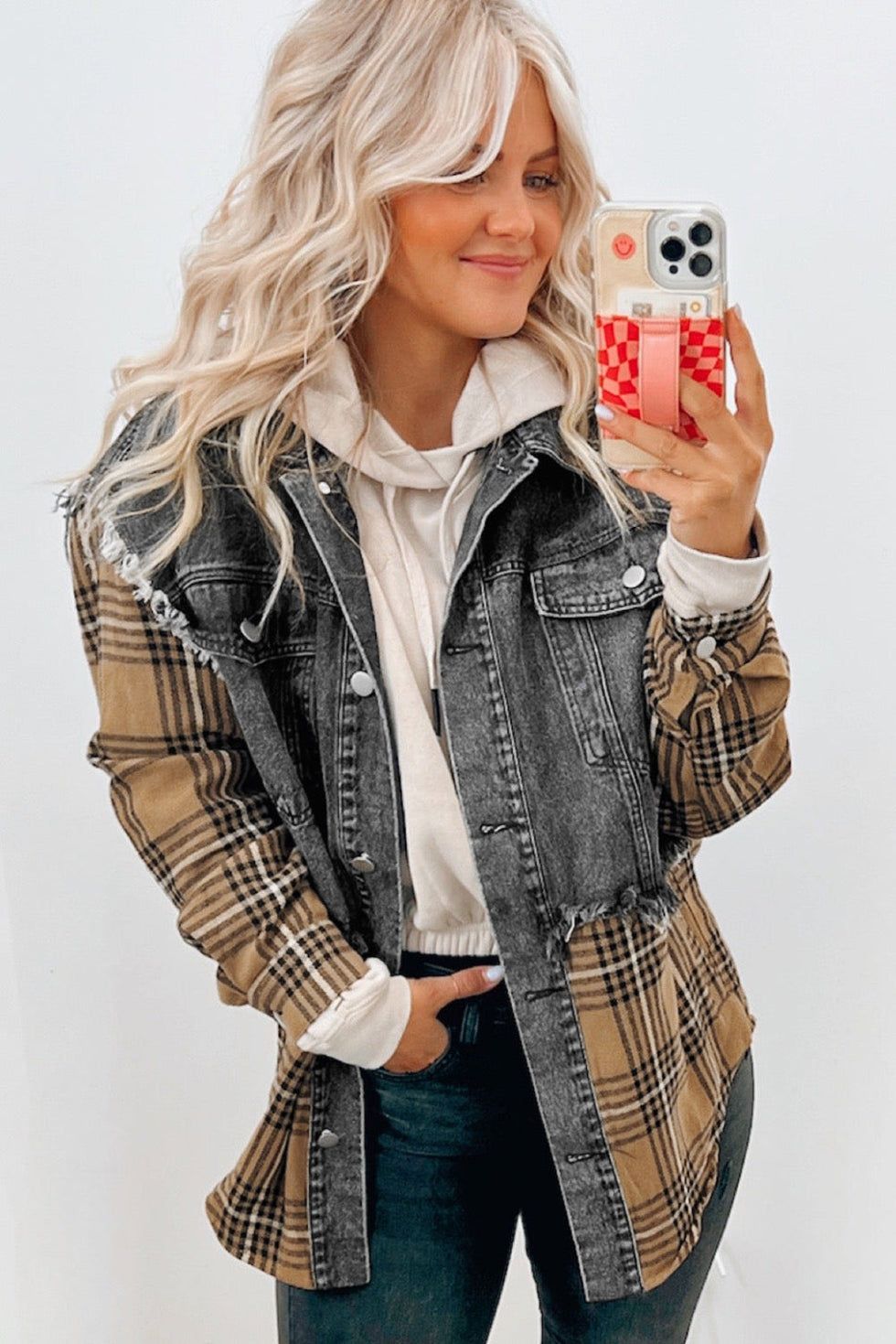 Medium Grey Plaid Patch Distressed Flap Pocket Denim Shacket - Sunny Angela