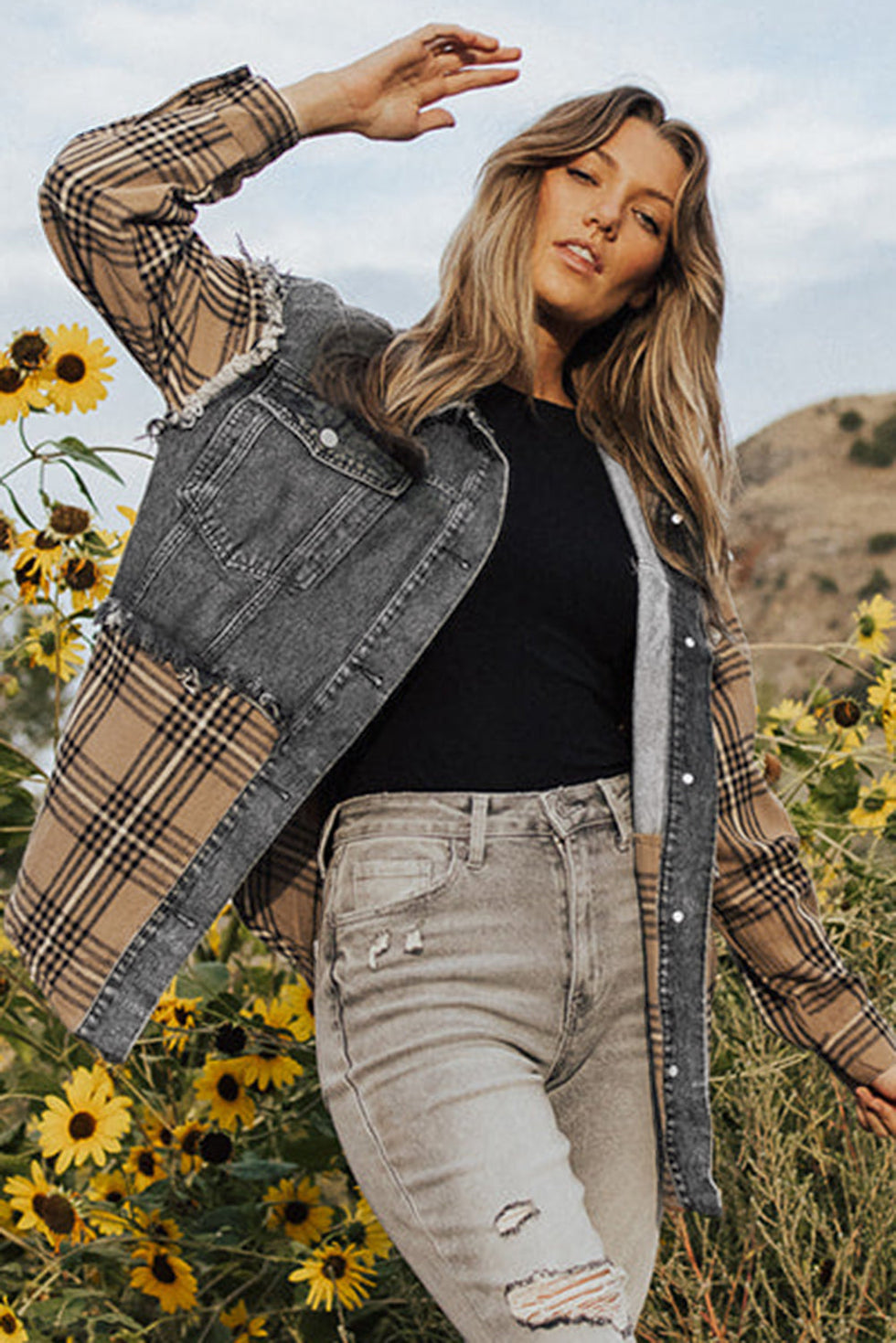 Medium Grey Plaid Patch Distressed Flap Pocket Denim Shacket - Sunny Angela