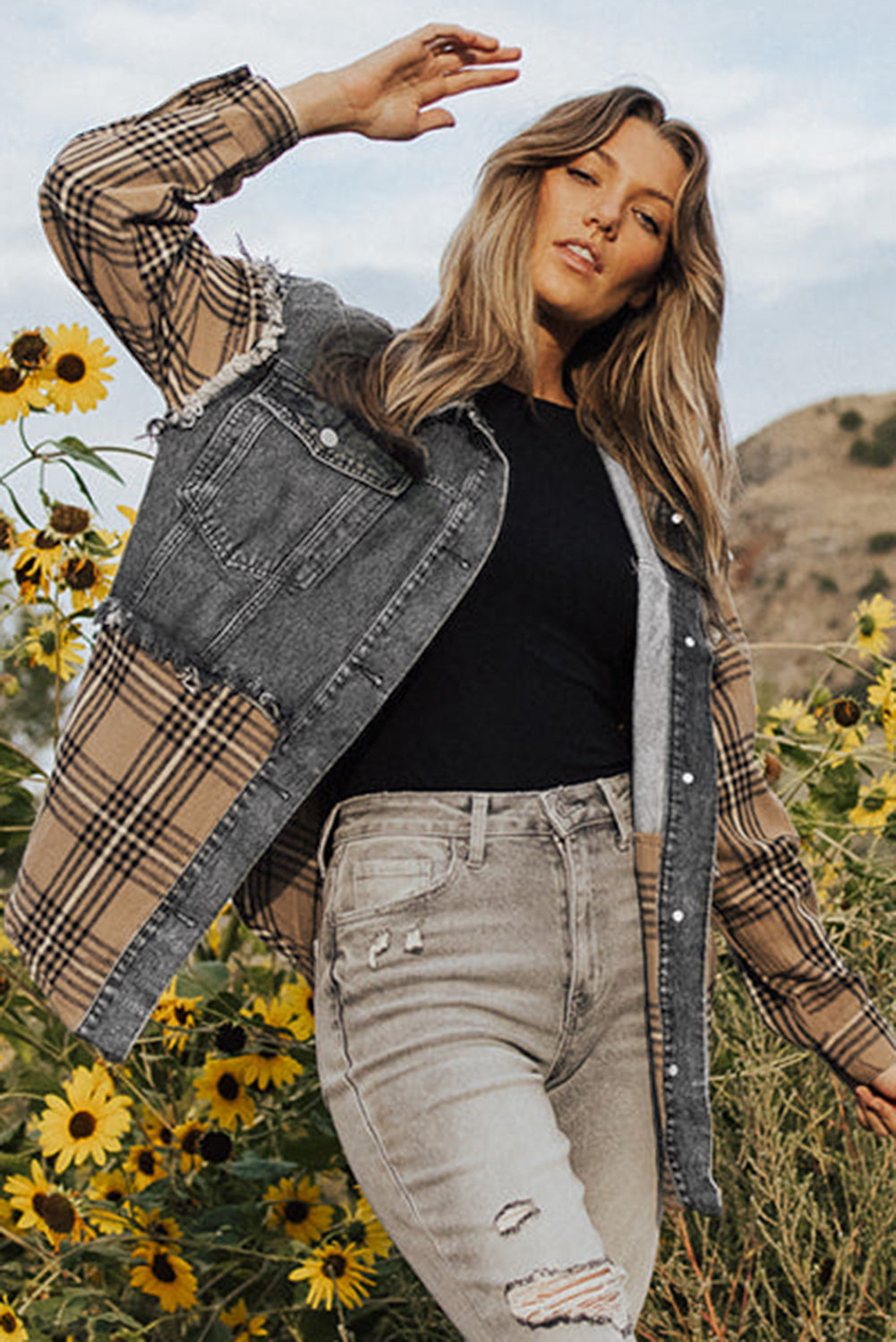 Medium Grey Plaid Patch Distressed Flap Pocket Denim Shacket - Sunny Angela