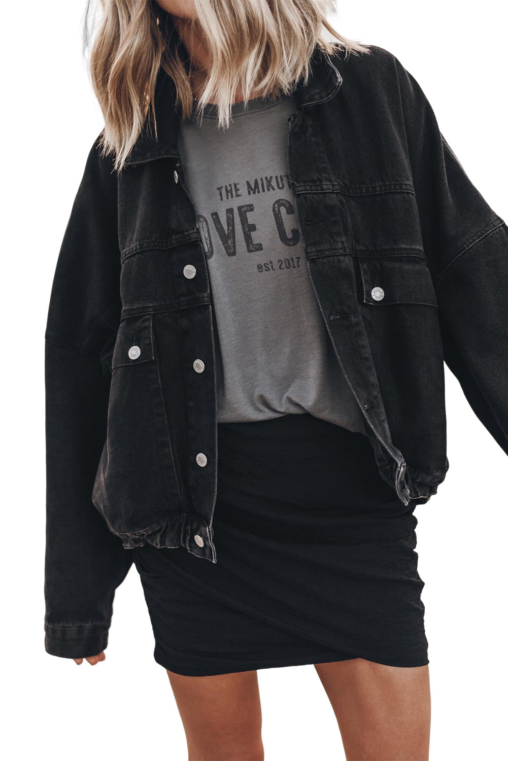 Metal Buttons Flap Pocket Drop Shoulder Denim Jacket - Sunny Angela