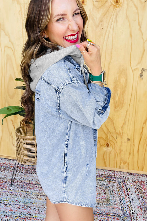 Mist Blue Oversized Contrast Hooded Denim Jacket - Sunny Angela