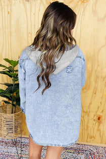 Mist Blue Oversized Contrast Hooded Denim Jacket - Sunny Angela