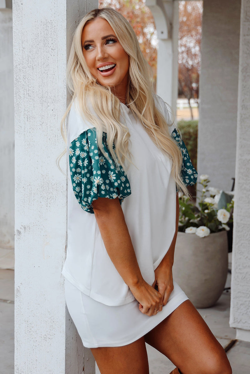 Mixed Print Puff Sleeve Split Neck Oversized Top - Sunny Angela