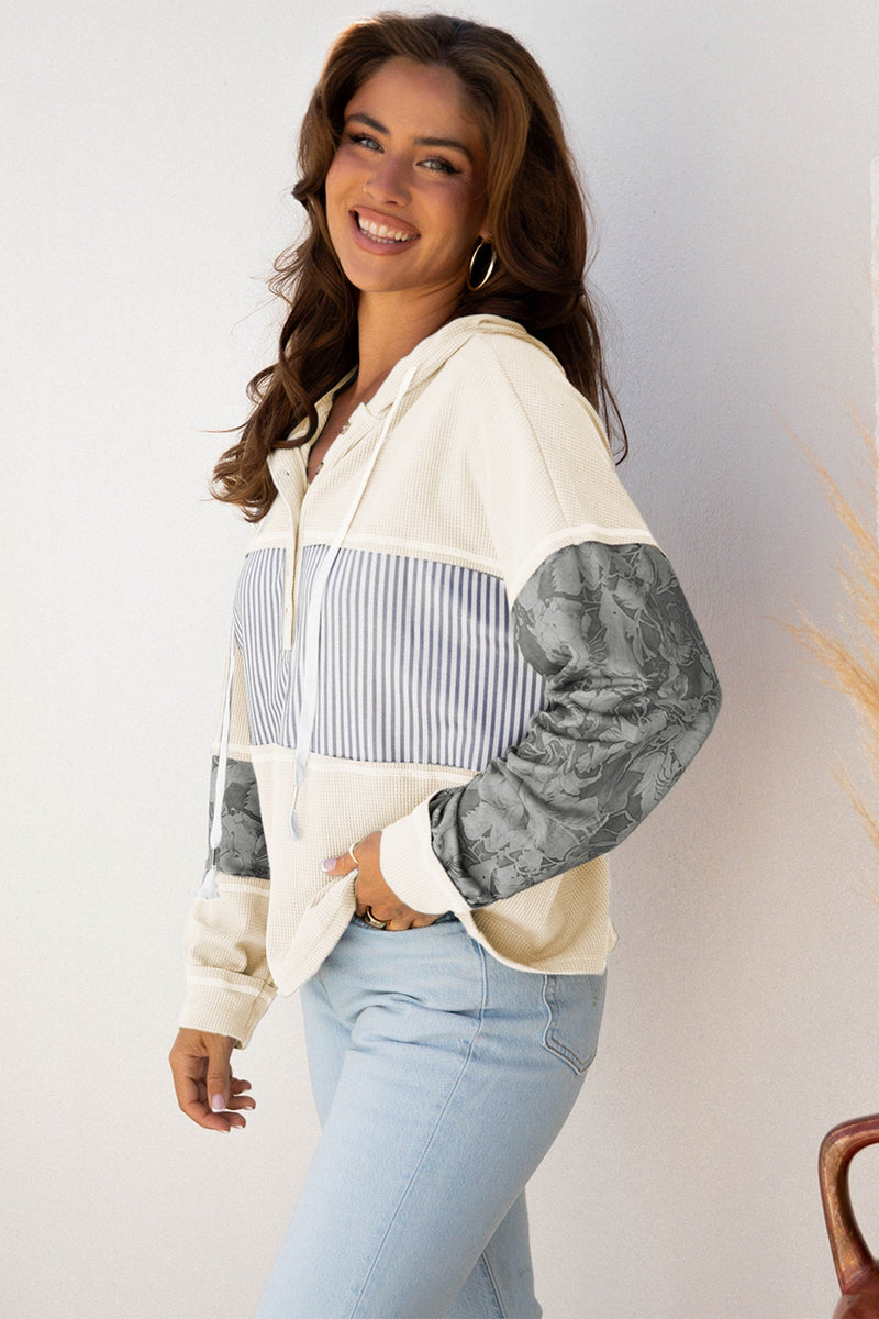 Mixed Print Waffle Knit Button Front Hooded Pullover - Sunny Angela