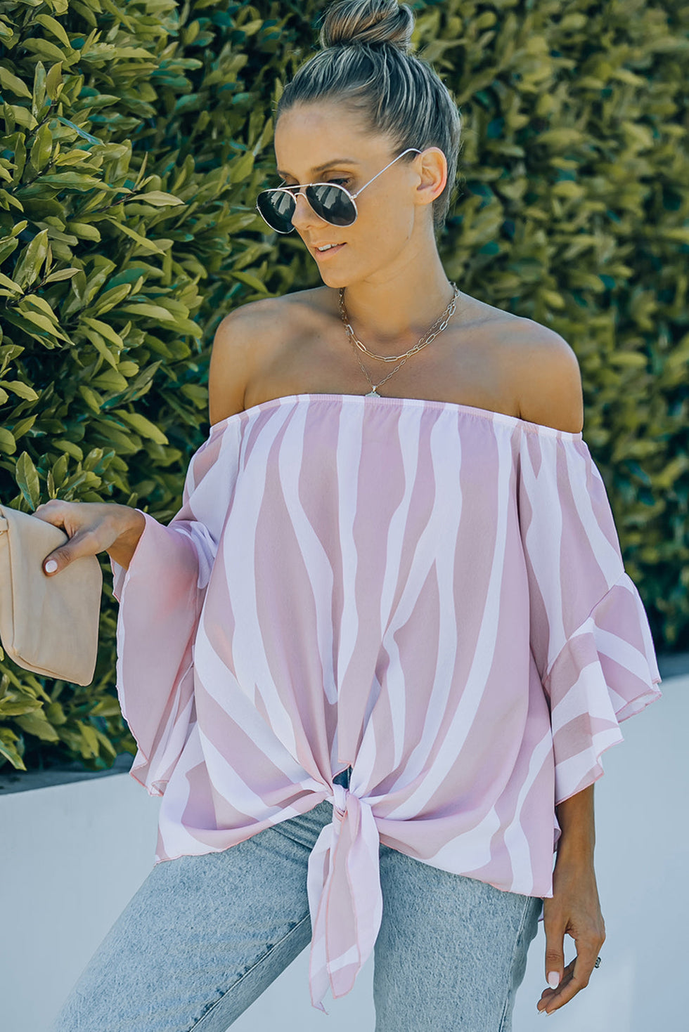 Off The Shoulder Vertical Stripes Blouse - Sunny Angela