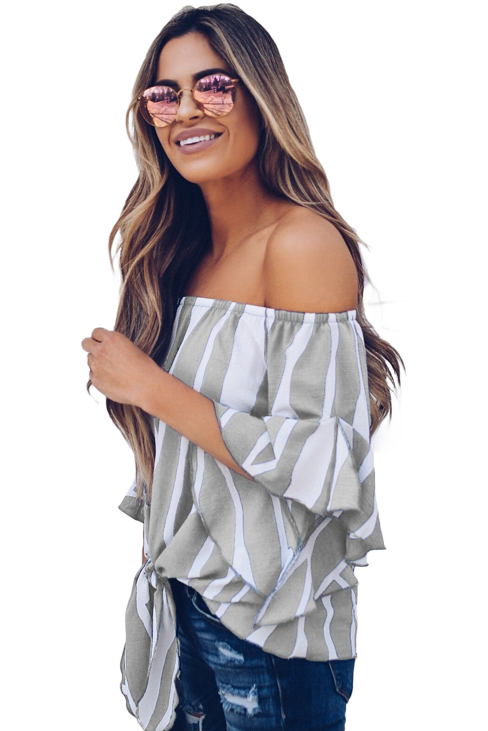 Off The Shoulder Vertical Stripes Blouse - Sunny Angela