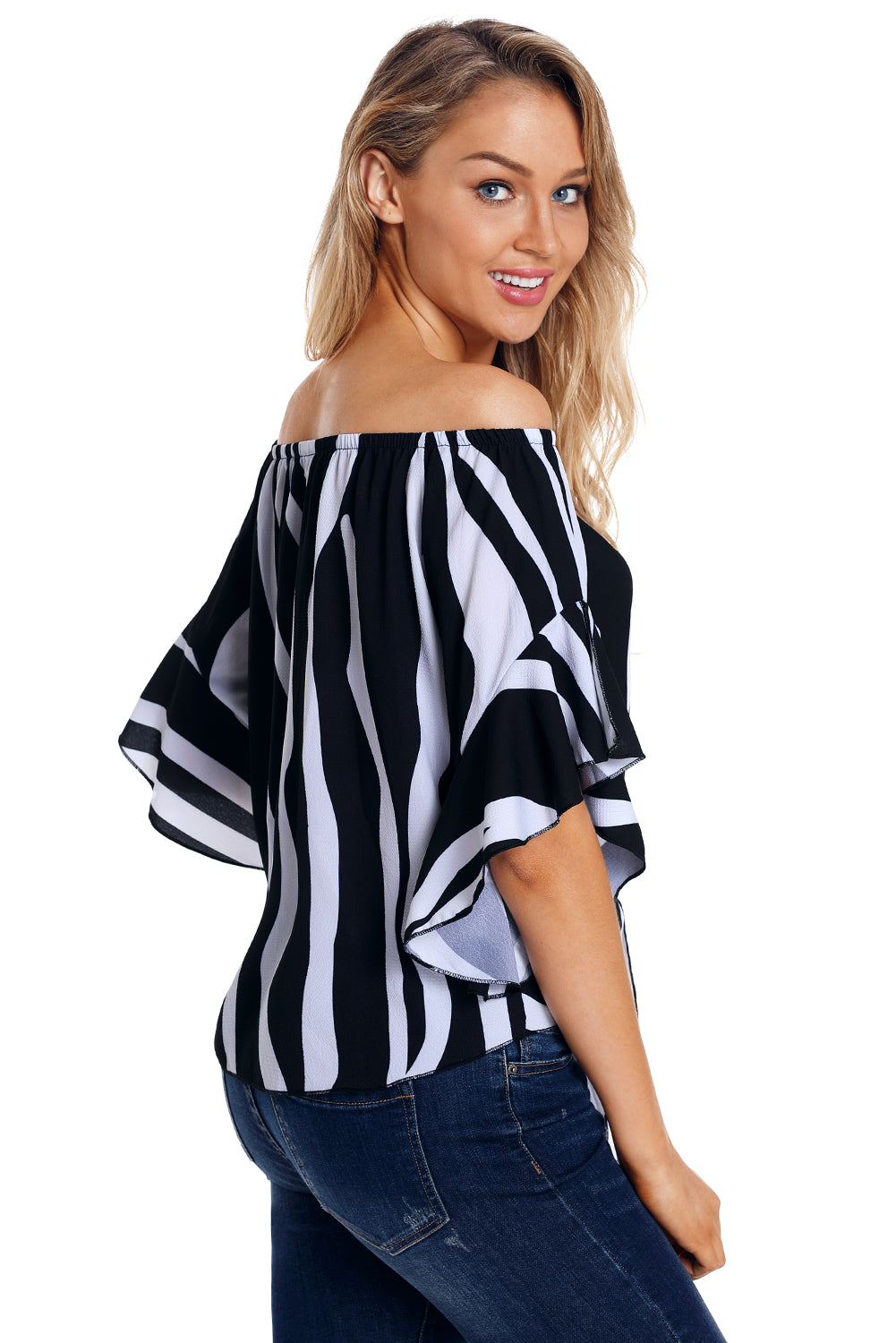 Off The Shoulder Vertical Stripes Blouse - Sunny Angela