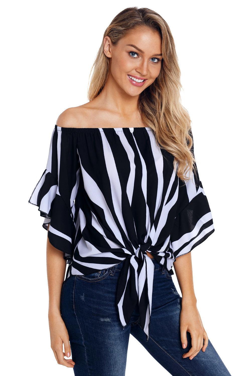 Off The Shoulder Vertical Stripes Blouse Sunny Angela