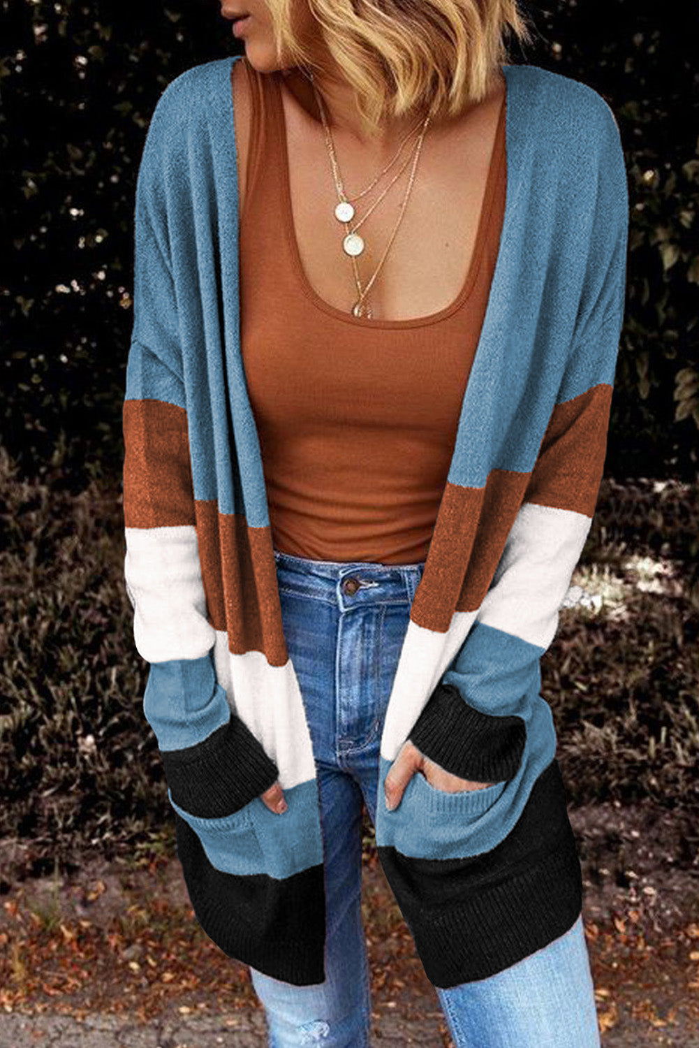 Open Front Colorblock Cardigan With Pockets - Sunny Angela