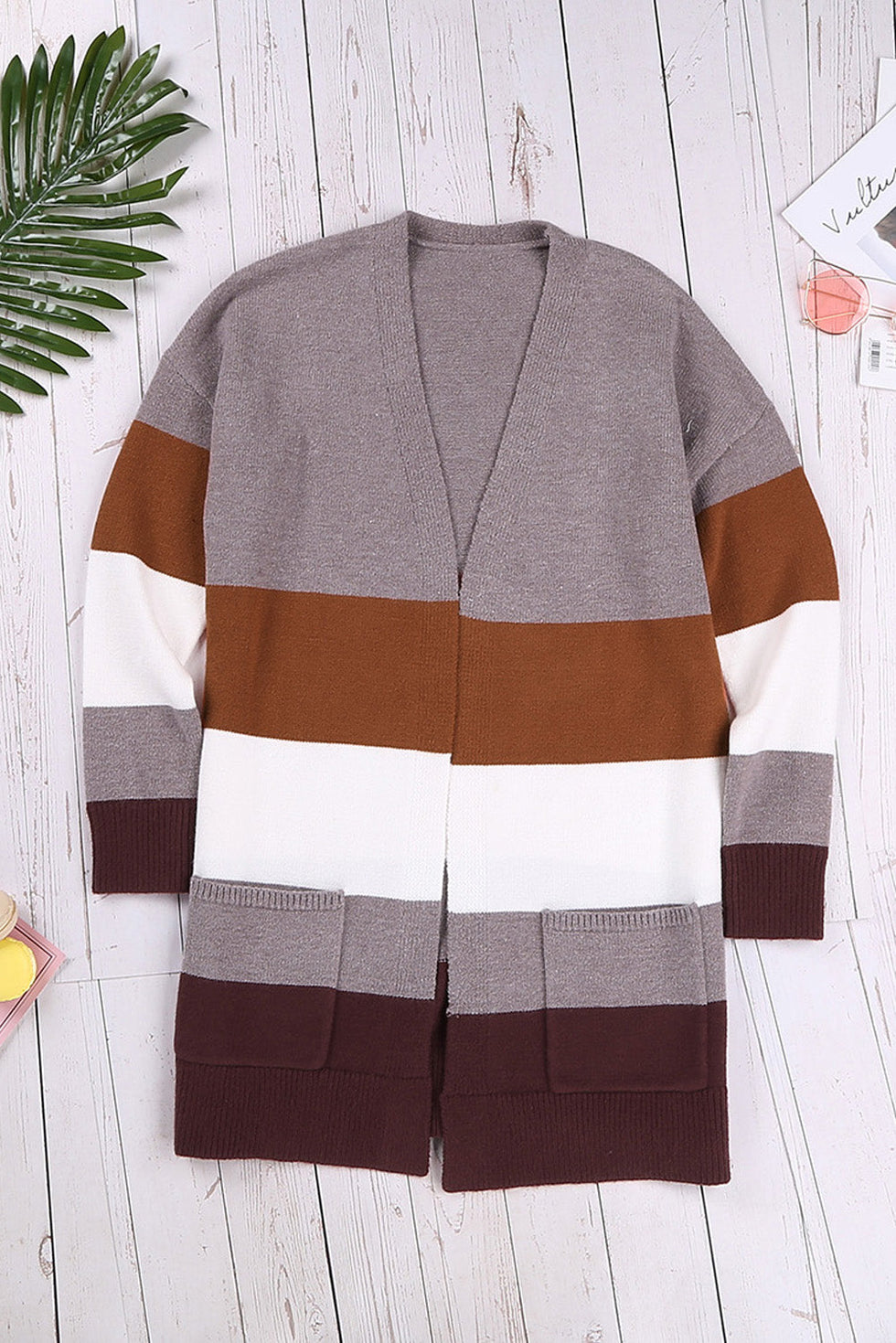 Open Front Colorblock Cardigan With Pockets - Sunny Angela