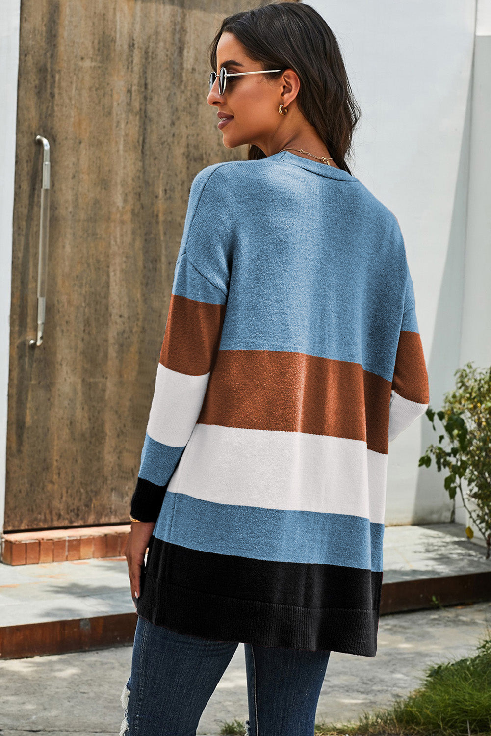 Open Front Colorblock Cardigan With Pockets - Sunny Angela